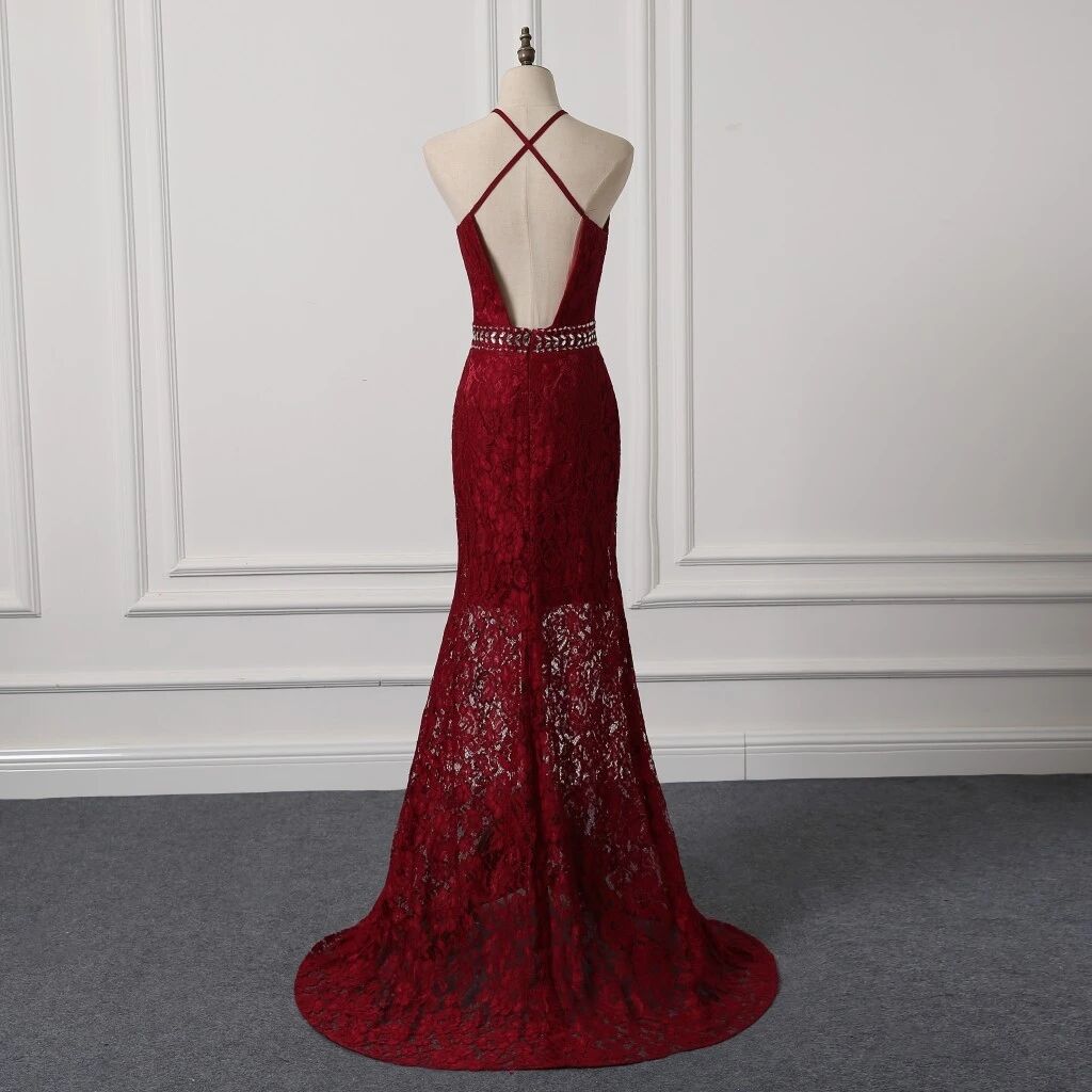Beautiful Dark Red Lace Halter Beaded Evening Dress, Mermaid Prom Dress ...