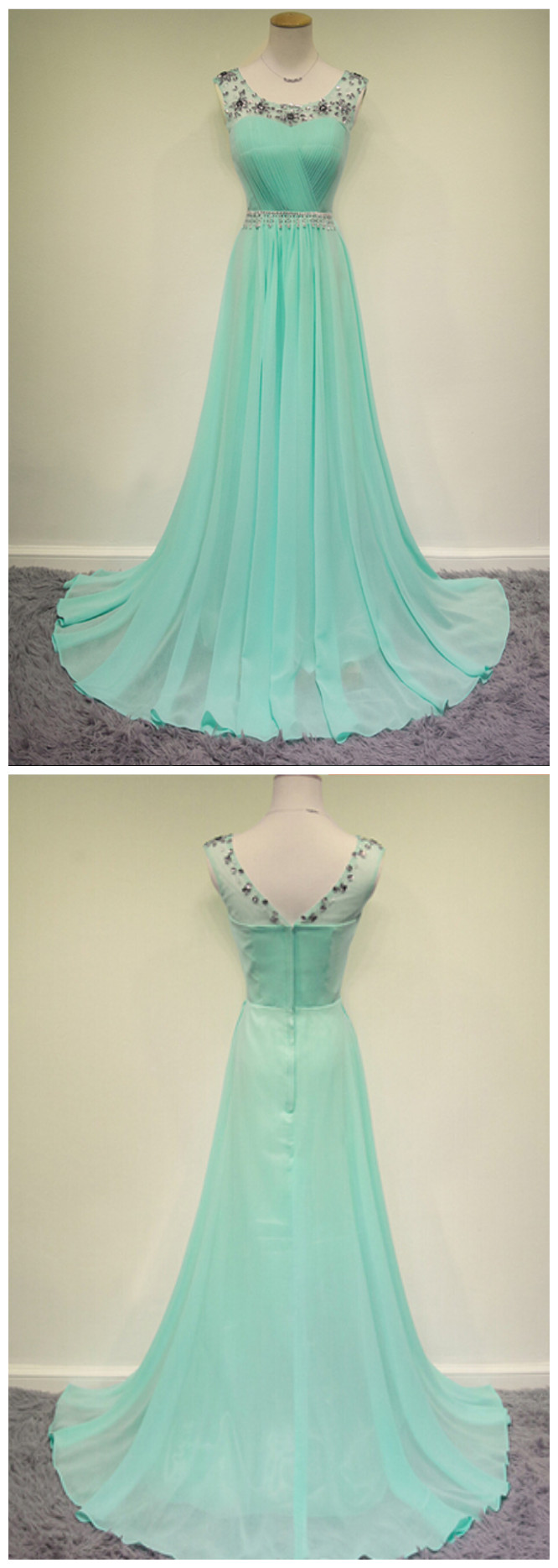 Pretty Mint Chiffon Long Handmade Prom Dresses , With Beadings, Mint ...