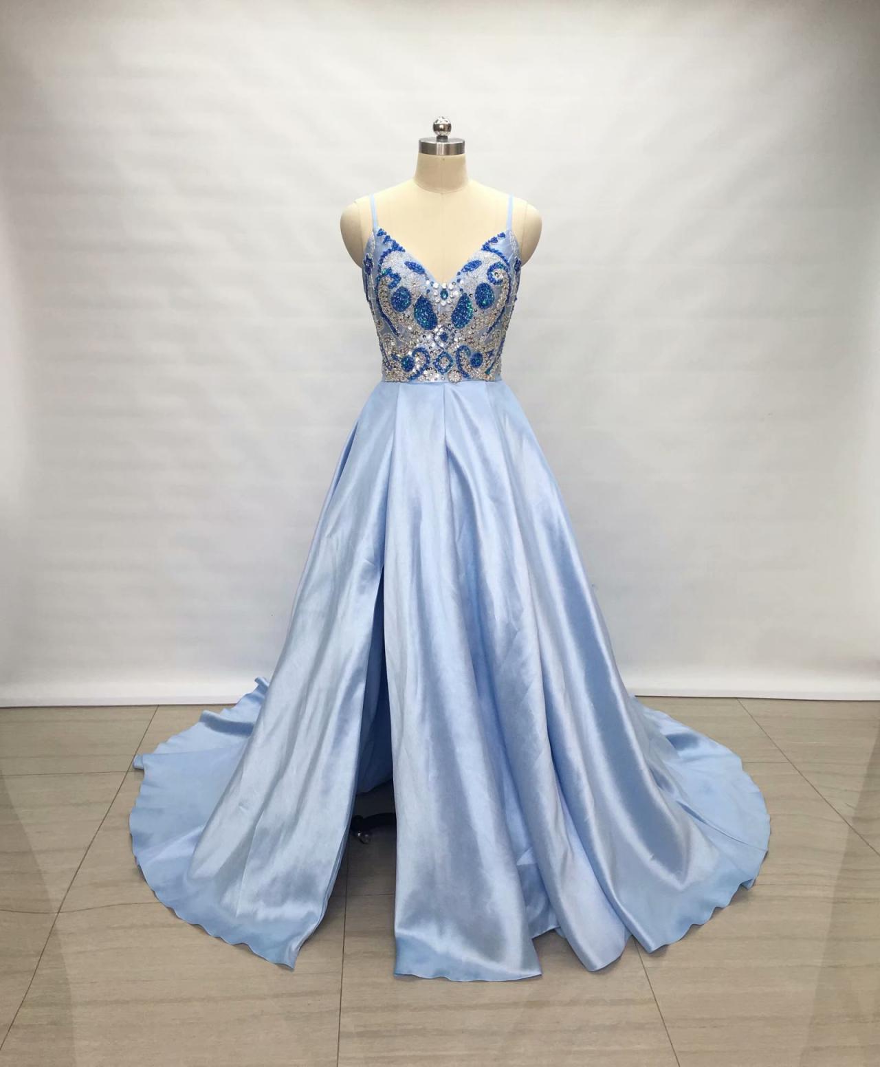 2019 Fashion Light Blue Side Split Evening Dresses A Line Satin Prom ...