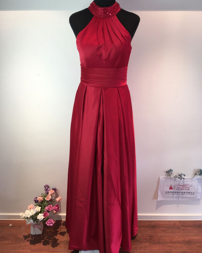 Floor Length Satin Red Formal Dresses Featuring Beaded Halter Neckline ...