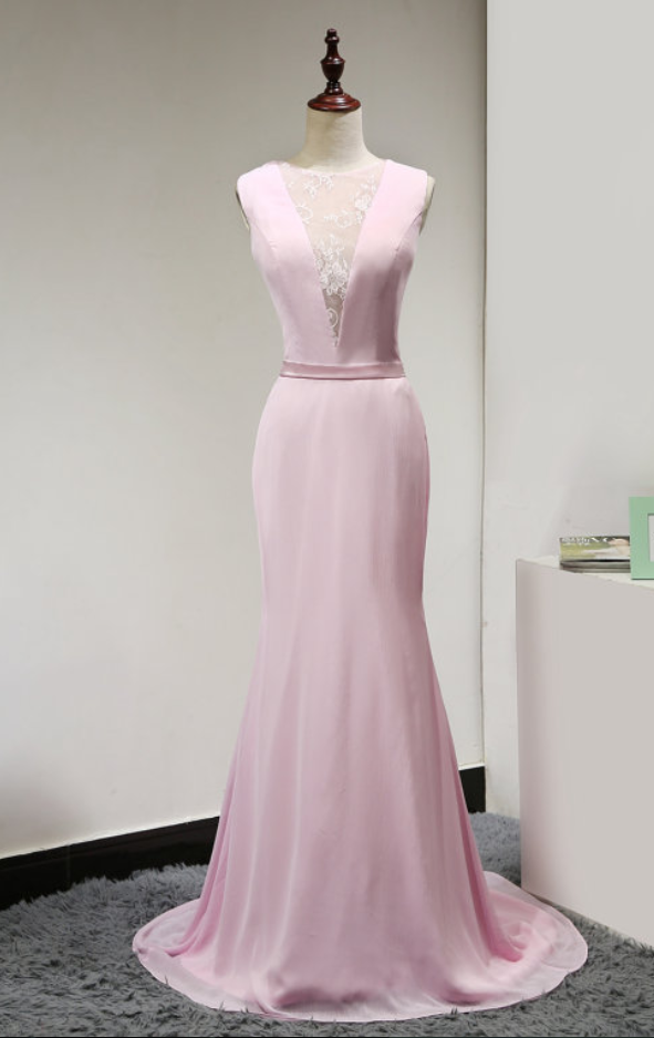 Charming Long Deep V Neck Pink Backless Prom Dress , Chiffon Party ...