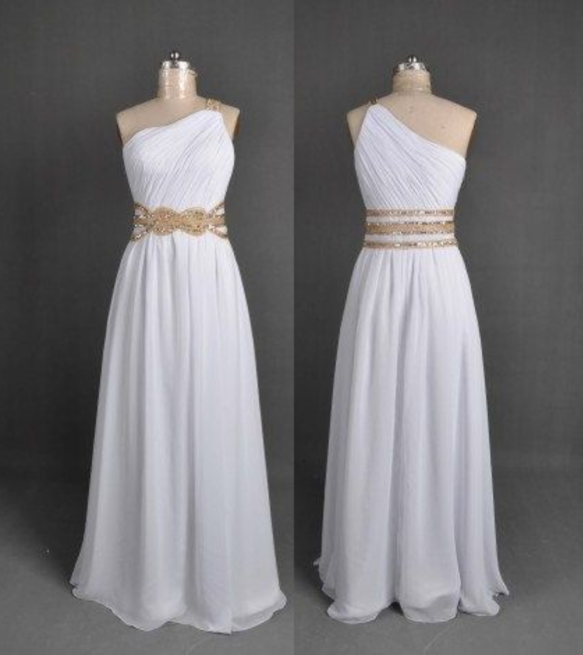 Chiffon Floor Length Strapless One Shoulder White Prom Dress , Party ...