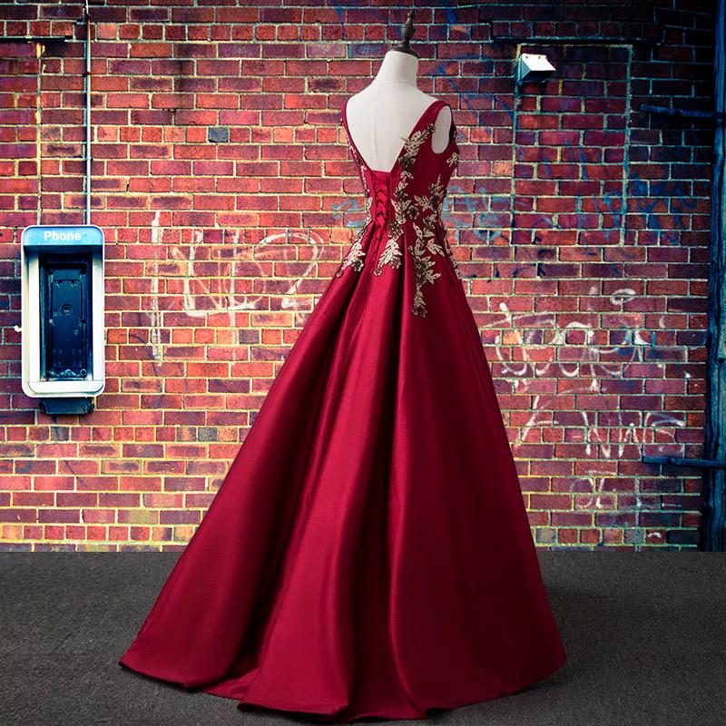 Charming Wine Red Satin Party Dress With Lace Applique, Dark Red Prom ...