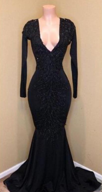 Sleeves Deep V Neck Formal Prom Dress, Beautiful Long Prom Dress ...