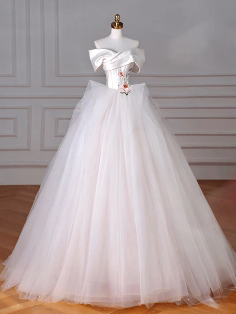 A-line Off Shoulder Tulle Beige Long Prom Dress 2025 For Women, Beige ...