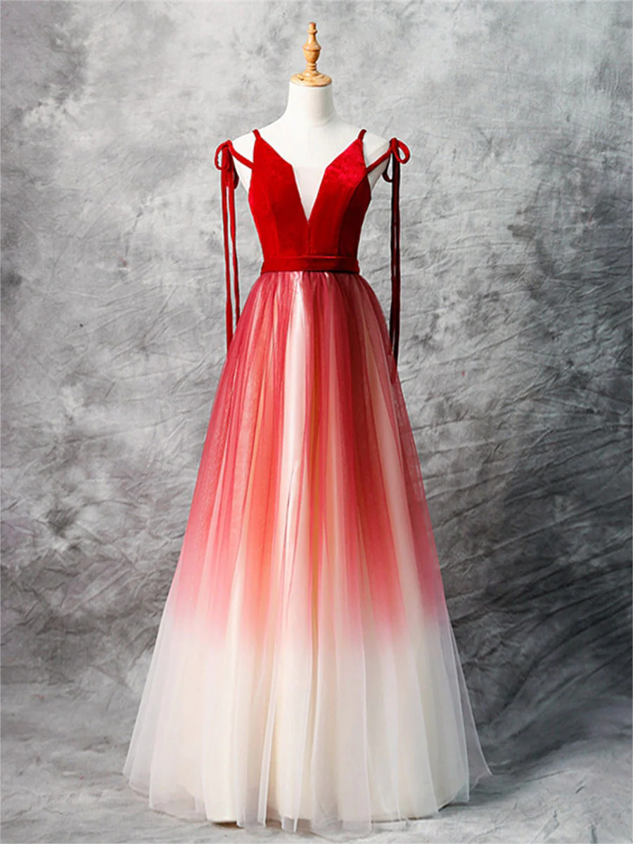 A-line Red Velvet Tulle Long Prom Dress, Red Formal Dress on Luulla