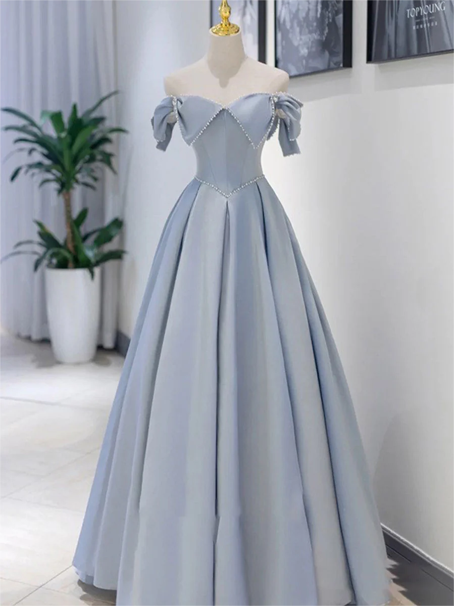 Unique Blue Satin Long Prom Dress, A Line Blue Formal Graduation Party ...